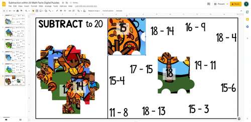 Subtraction Facts to 20 Digital Math Facts Jigsaw Puzzles by Tessa Maguire