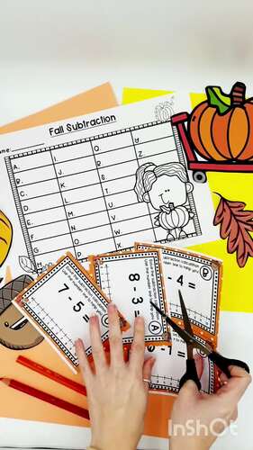 Autumn Fall Subtraction with a number line Task Cards Kindergarten
