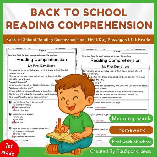 1st Grade | Back to School Reading Comprehension | First Day Passages