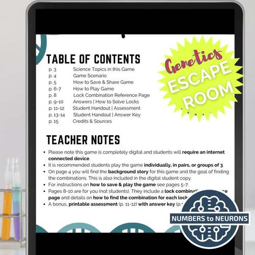 Digital Genetics Escape Room Game Activity by Numbers to Neurons