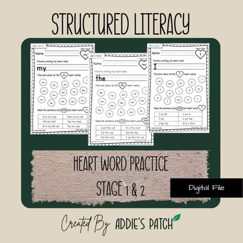 Structured Literacy Heart Words Stage 1, Stage 2 Worksheet Practice