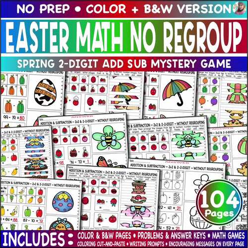 Spring Easter 2-Digit Add Sub No Regrouping Mystery Cut Paste Color ...