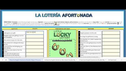 Spanish Double Object Pronouns Self-checking Digital Lotería Afortunada