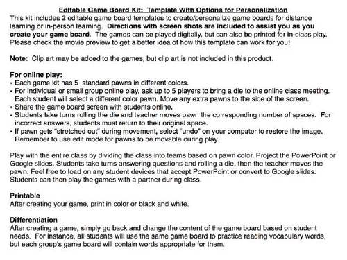 2 Editable Game Board Kit Templates: Just Click and Type | TPT
