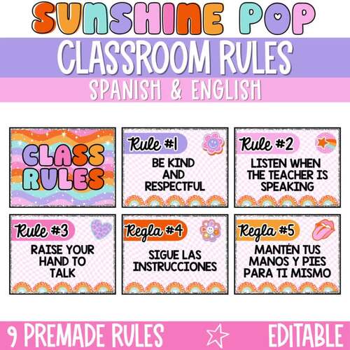 Retro Groovy Editable Spanish Classroom Rules Display Y2K Classroom ...