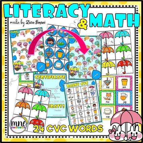 Phonics CVC Words Spring Literacy Math Umbrella Raindrop Rainy Center ...