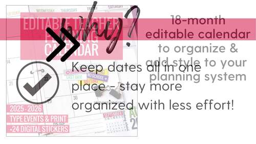 New! 2025-2026 Editable Teacher Planning Calendar Template by ...