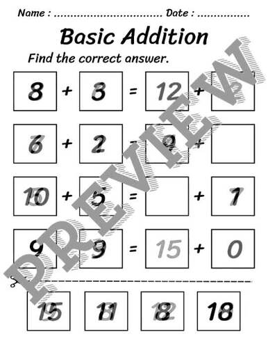 Basic Addition and Subtraction, Cut and Paste,Math by Benjawan Pakeesun