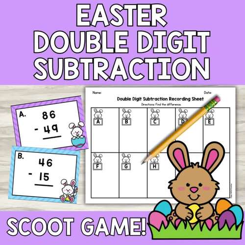 Easter Double Digit Subtraction Scoot Game Task Cards | 2nd Grade Egg Hunt
