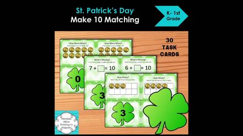 St Patrick's Day Make 10 Add and Ten Frame Matching Task Cards | TPT