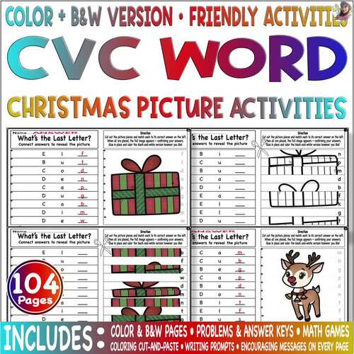 CVC Words Worksheets | Christmas mystery picture, games, color, cut and ...