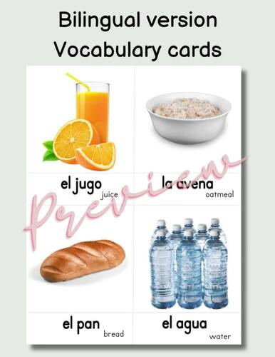 La comida Spanish food bilingual vocabulary flash cards and worksheets