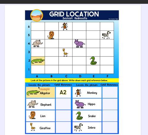 Grid Location digital worksheet (Safari animal grid reference activity)