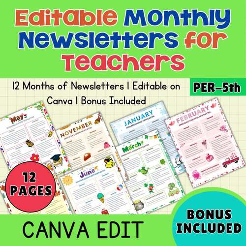 Editable Monthly Newsletter Templates for Teachers | 12 Months | 2 ...