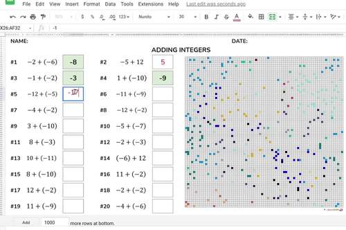 Google Sheets Digital Resource Pixel Art Math Adding Integers | TPT