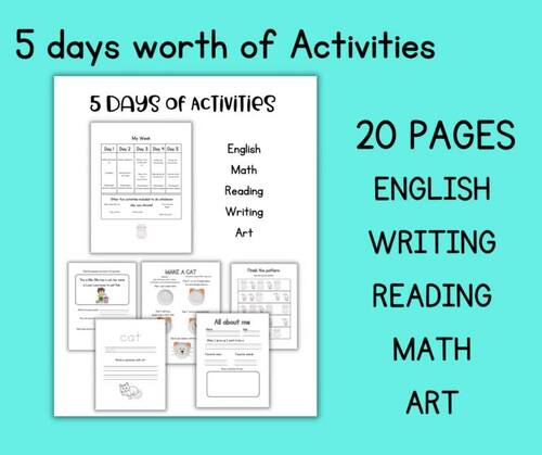 5 Days of Activities - weekly study k-2 homeschool - Cat worksheets
