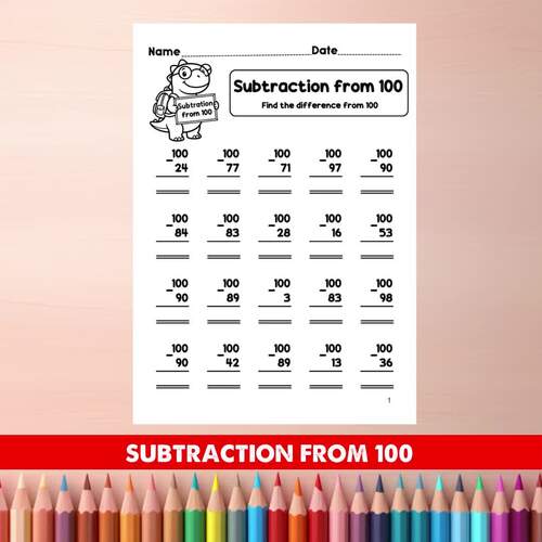 Subtraction from 100 | 100th Day of School Math | 20 Pages PDF + PNG