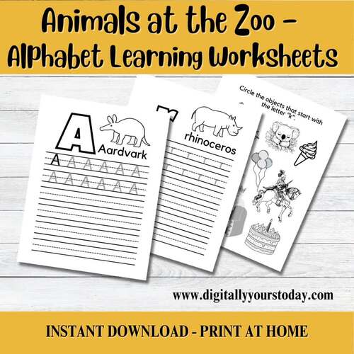 Animals at the Zoo - Alphabet Learning Worksheets by Digitally Yours Today