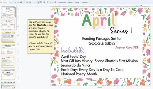 April Reading Passages Series 1 Set of 5, w/ Comprehension, DIGITAL & PDF