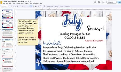 July Reading Passages Series 1 Set of 5, w/ Comprehension, DIGITAL & PDF