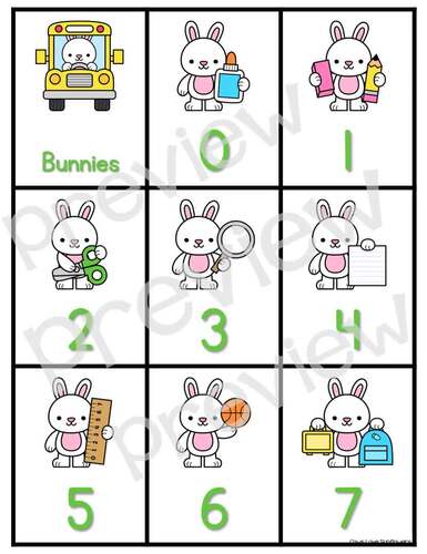 School Bunnies - Numbers 0-25 Matching - Flashcards With Writing Practice