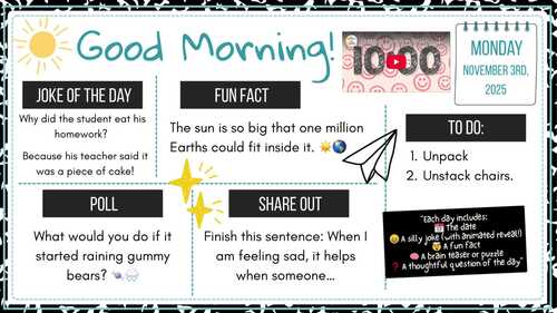 Morning Meeting Slides | 186 Days | Composition Notebook Theme | Canva ...