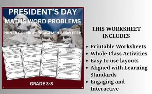 PRESIDENT'S DAY MATHS WORD PROBLEMS | 40 Q&A KEYS | GRADE 3-8 | | TPT