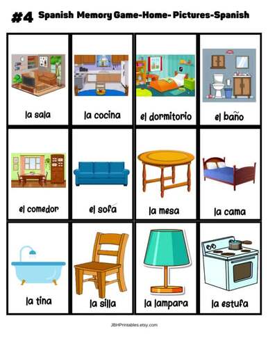 Bilingual Spanish Memory Games, Fun Printable Home Vocabulary Matching Game