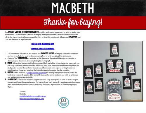 Macbeth - Epitaphs for Characters - Graveyard Theme by Literacy Cookbook