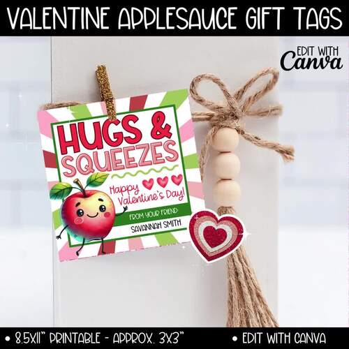 Valentine's Day Applesauce Pouch Tags, Non Candy Class Treat, Hugs ...