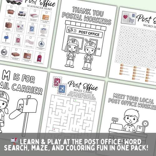 Community Helpers: Post Office Themed Word Search, Maze, and Coloring Pages