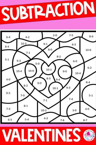 Valentine's Day Color by Number Code Subtraction to 10 Math Coloring Sheets
