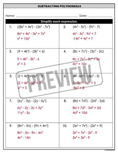 Identifying, Adding, and Subtracting Polynomials Worksheets | Algebra 1 ...