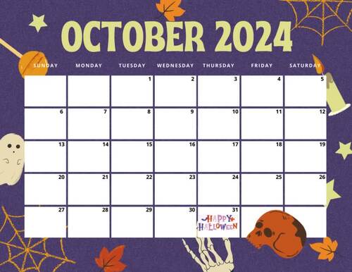 Editable October Calendar 2024, Teacher Calendar, Halloween 2024 Calendar