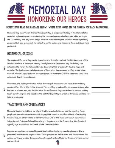 Memorial Day Informational Nonfiction Close Read Multi Level Write ELA ...