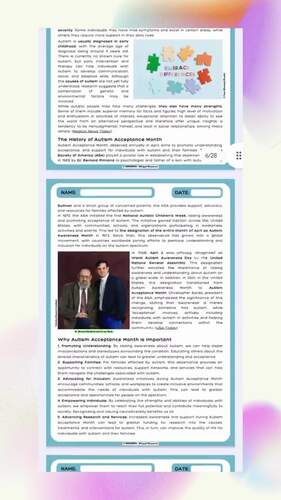 Autism Awareness Month Reading Comprehension Activities | Middle School ...