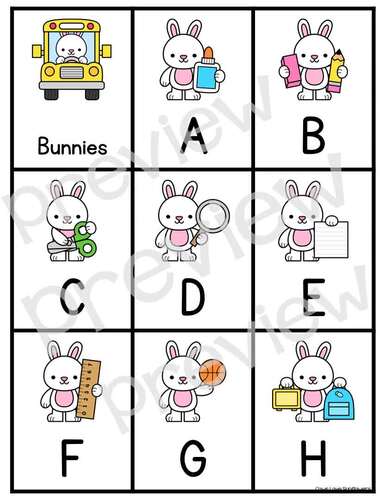 School Bunnies - Uppercase Lowercase Alphabet Matching - ABC Flash Cards