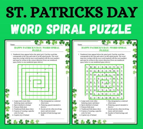 St. Patrick's Day Word Spiral Puzzle Vocabulary Worksheet | TPT