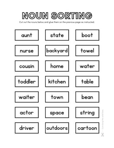 Noun Sorting Worksheet, Grammar Activity, Parts of Speech, Cut and Paste
