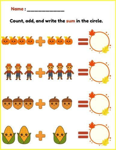 Fall Addition Worksheets | Pumpkin, Acorn, Corn & Scarecrow Counting ...