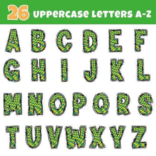 Wavy Checkerboard Alphabet & Numbers PNG | Green & Yellow Doodle Letters
