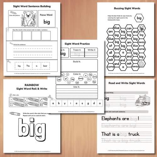 Sight Word Activities for "Big" | Pre-Primer Sight Word | 5 Worksheet Pack