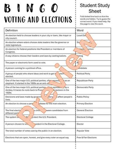 Elections and Voting BINGO Florida Civics EOC Review Game SS.7.CG.2.6