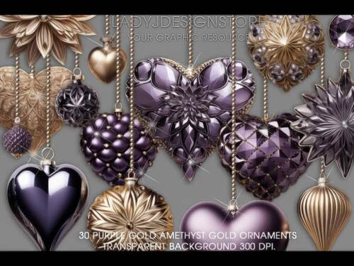 Purple Gold Amethyst Christmas Ornaments Clipart by ladyjdesignstore