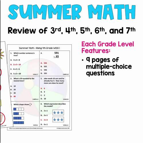 Summer Math Worksheet Bundle - Review of 3rd, 4th, 5th, 6th, and 7th Grade