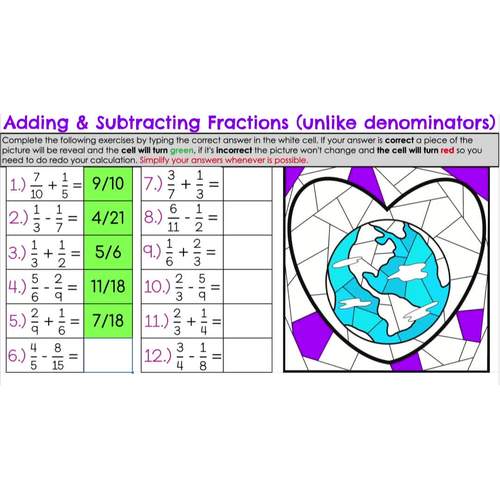 Earth Day Math: Adding & Subtracting Fractions- Digital Coloring Page