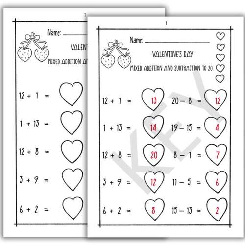 Valentine’s Day Math Worksheets | Mixed Addition and Subtraction to 20