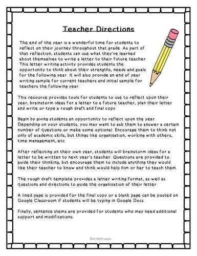 End of Year Activity Letter to Next Year's Teacher Print Version