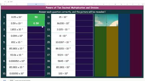 Multiplying & Dividing Decimals by Powers of 10 Digital Pixel Art Activity