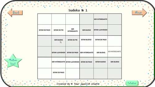 SER and ESTAR 54 expressions in Spanish SUDOKU digital game NO PREP